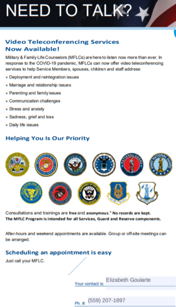 Military & Family Life Counseling available via video teleconferencing | Meadow Lane Elementary